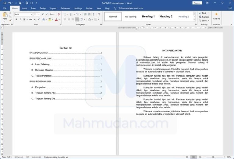 Contoh Daftar Isi Otomatis di Word - Download Gratis - Mahmudan